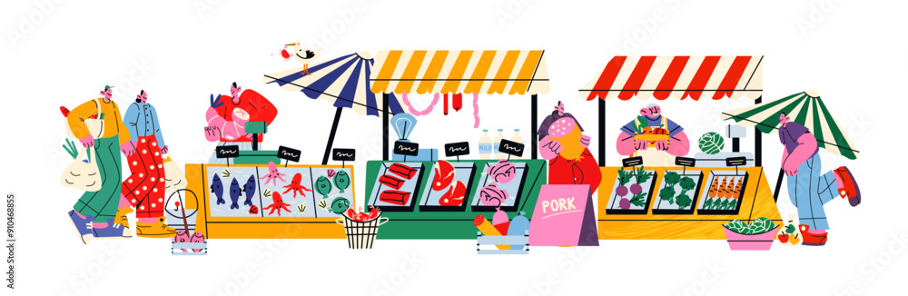 Farmers market, street fair stalls. Cartoon illustration of stalls with ...
