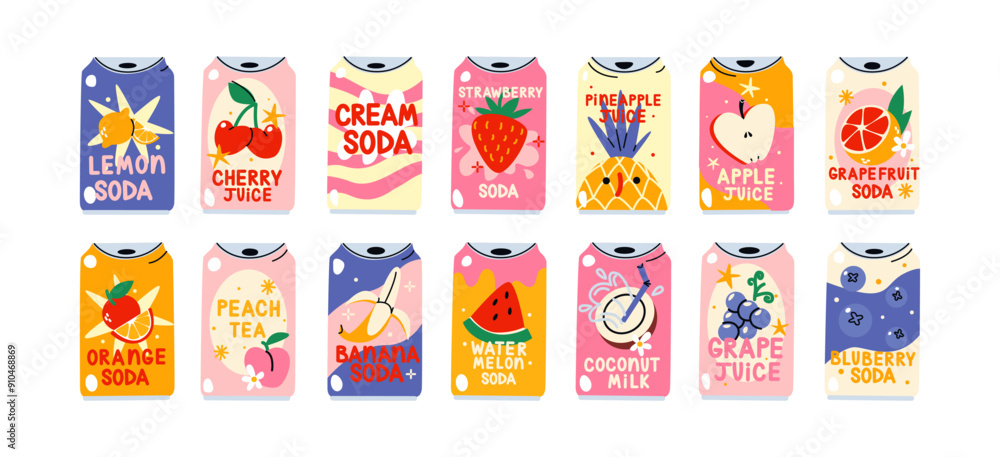 Cartoon cans of carbonated soda drinks and cold fizzy juices. Fruit ...
