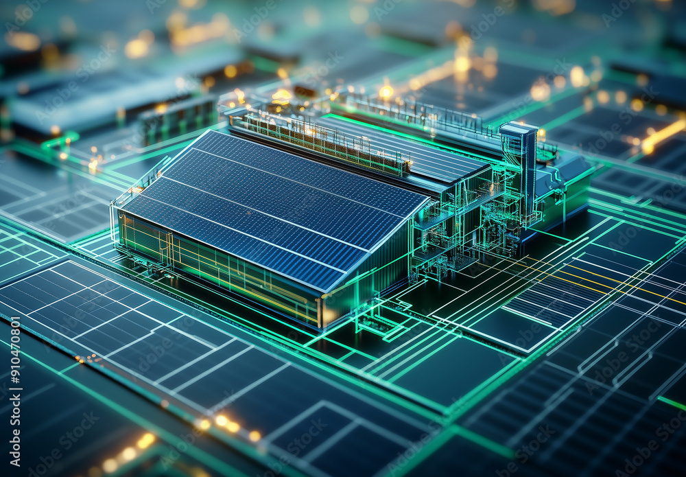 This detailed construction blueprint illustrates a modern factory ...