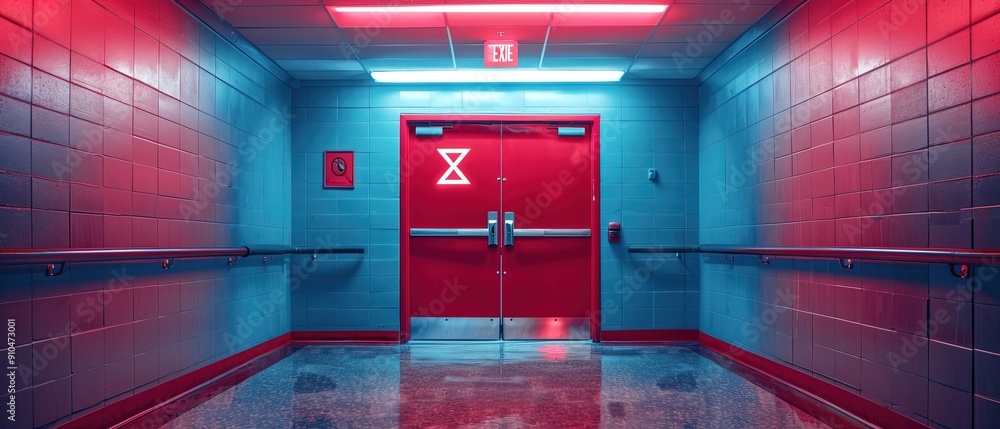 Emergency scene featuring a vivid red fire exit door in a commercial ...