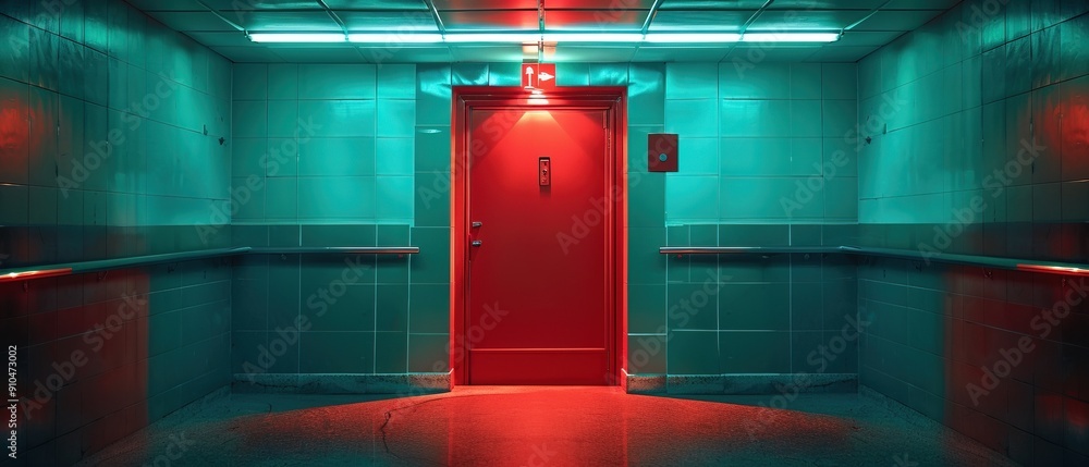 Emergency scene featuring a vivid red fire exit door in a commercial ...