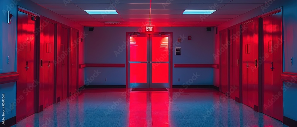 Emergency scene featuring a vivid red fire exit door in a commercial ...