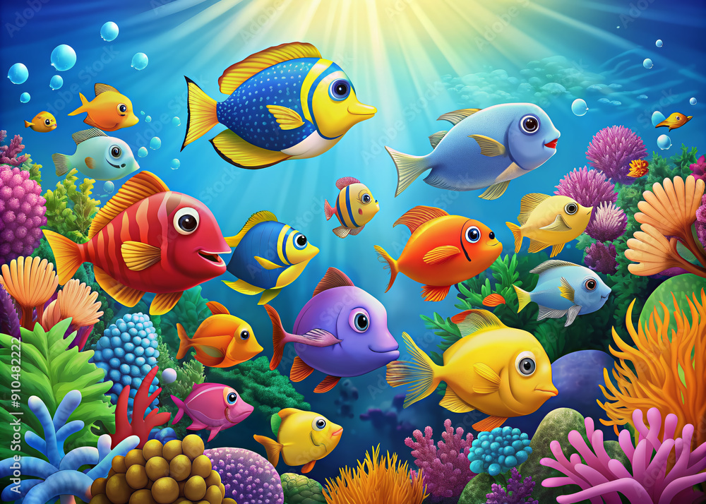 Vibrant cartoon fish swim together in a stunning blue ocean, surrounded ...
