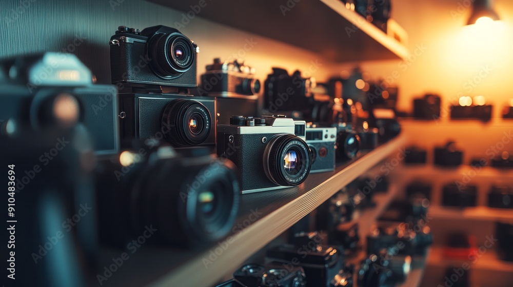 Artistic photo of a collection of vintage cameras arranged on a shelf ...