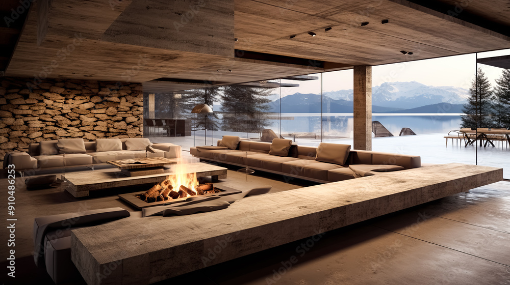 Luxury living room with fireplace and mountain view. Design and ...