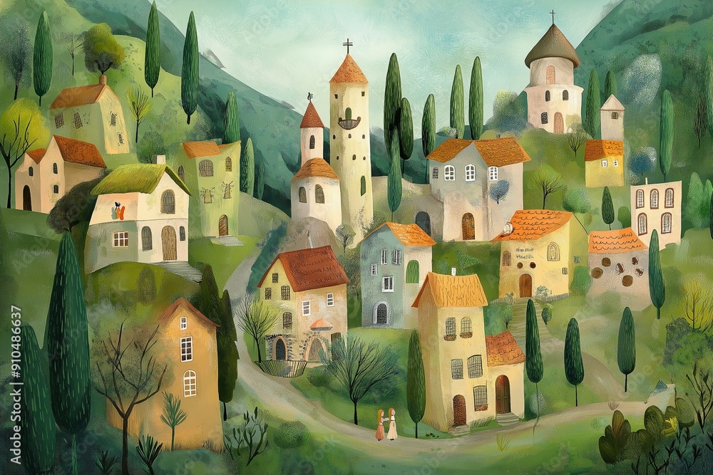 Whimsical depiction of an old Italian village nestled in the hills ...