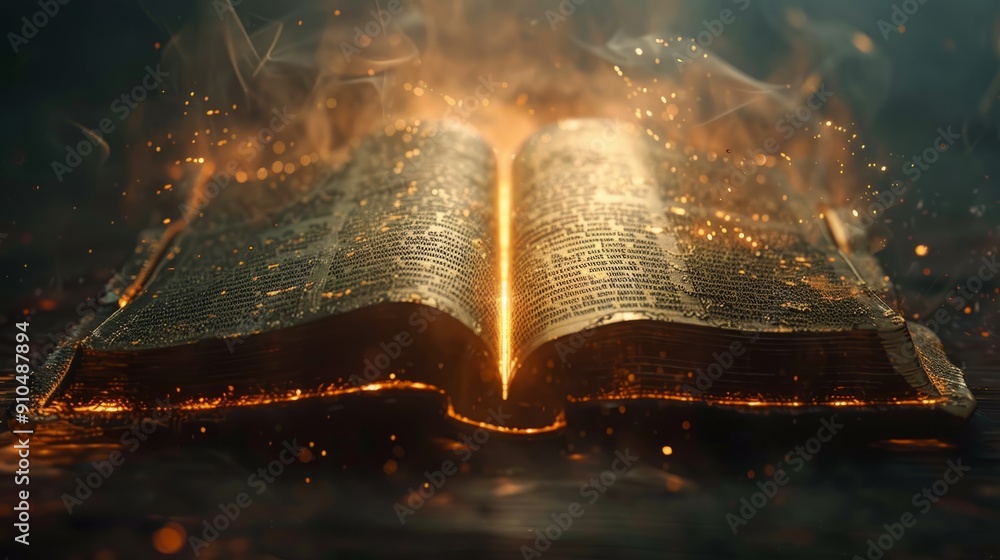 Open bible showing text from the book of genesis with glowing effects ...