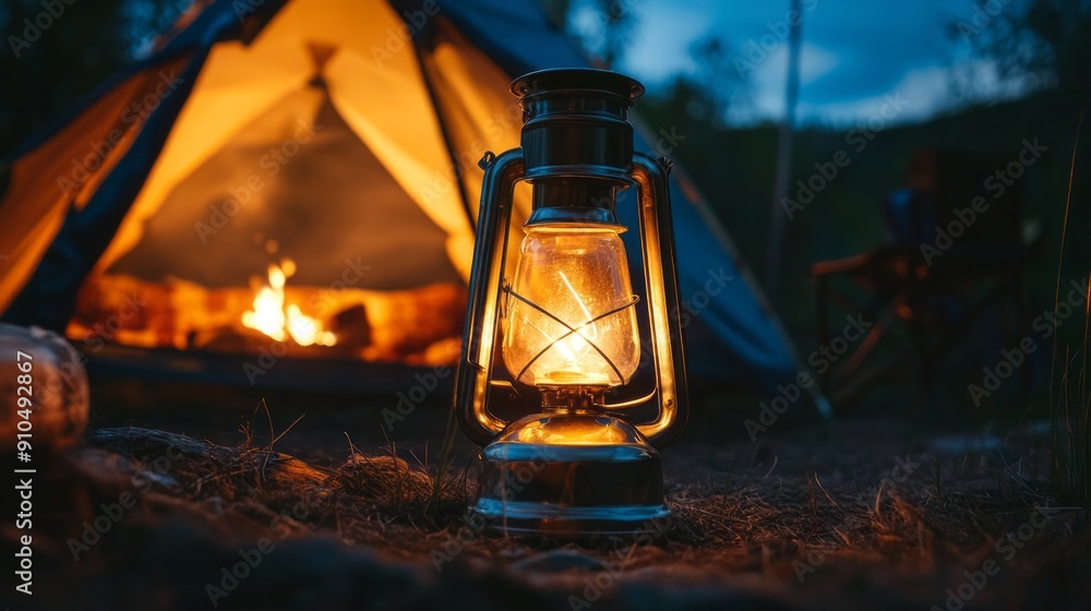 Camping lanterns and tent setup at night. Featuring a lantern, tent ...