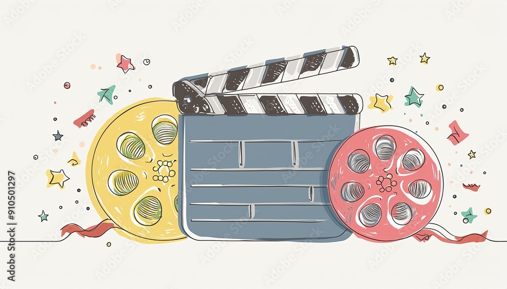 One continuous line drawing of clapper board and films. Action movie ...