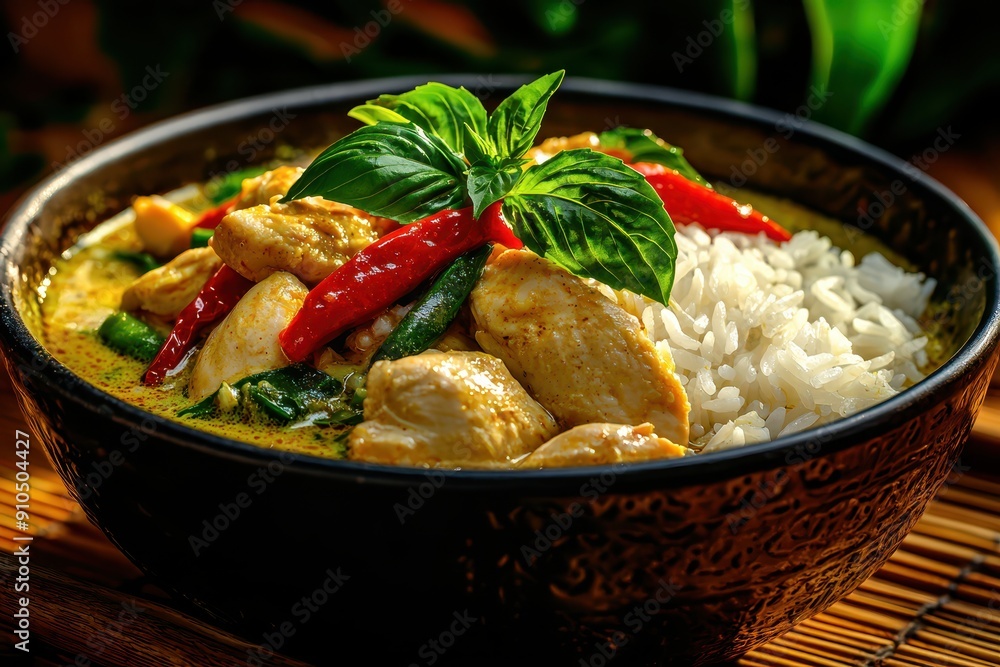 A photo of a bowl with Thai green curry, chicken, vegetables, and rice ...