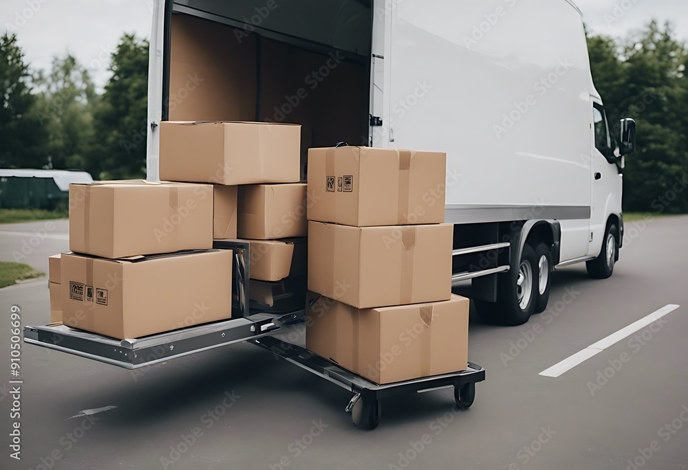 man delivery hand full uses trolley loads truck boxes cardboard ...