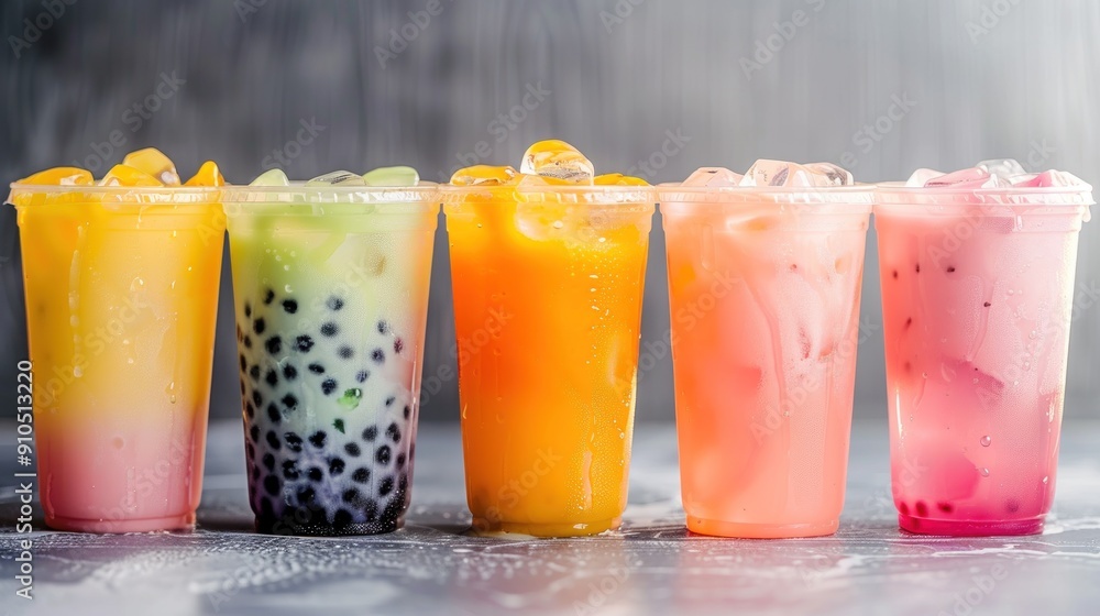 Colorful bubble tea assortment in plastic cups with ice, tapioca pearls ...