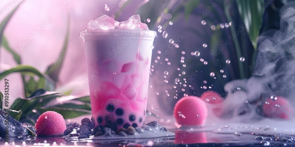 Bubble tea with tapioca pearls and milk tea in pink background ...