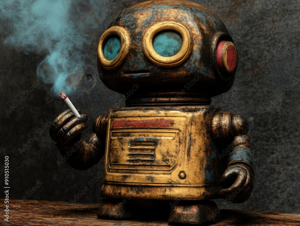 Retro robot holding lit cigarette with smoke rising against dark ...