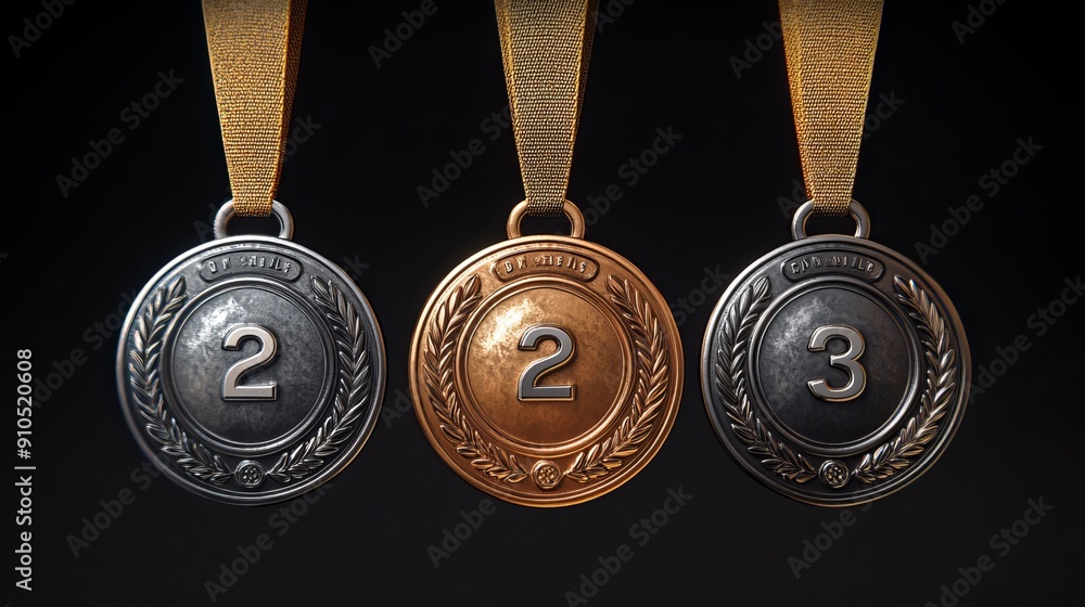 Medal set with gold, silver, bronze medals. Trophies with numbers and ...