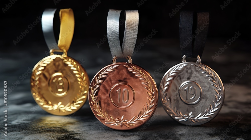 Medal set with gold, silver, bronze medals. Trophies with numbers and ...