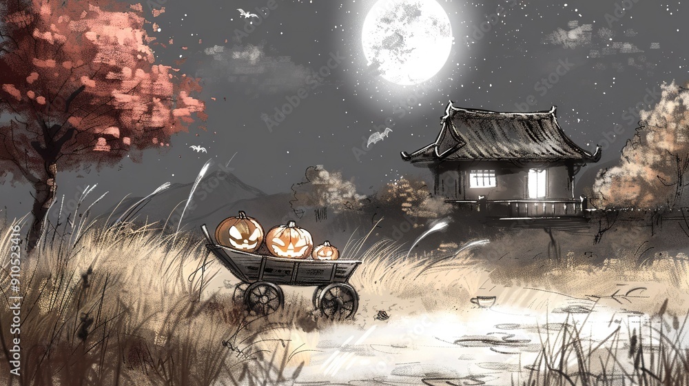 A painting depicts a wagon overflowing with pumpkins positioned in ...