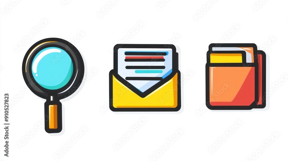 Isolated Icons with Black Frame: Magnifying Glass, Document, and File ...
