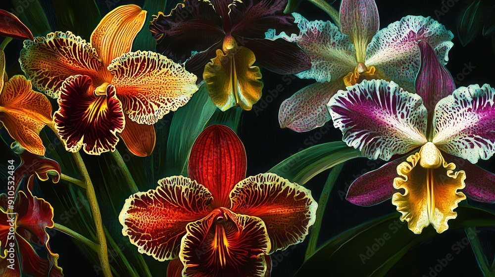 Brightly colored orchids flourish in a lush garden, showcasing their ...