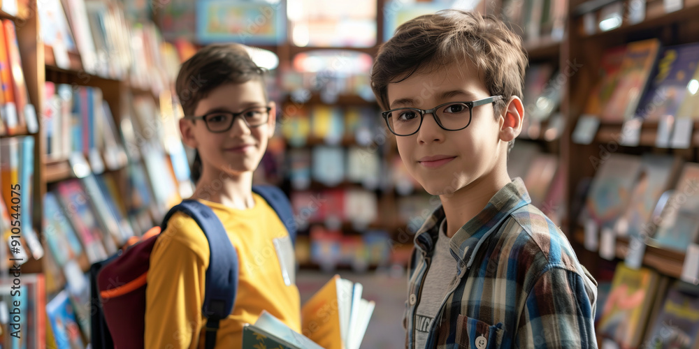 Ten year old boy choosing a book in a bookstore. Young boy looking ...