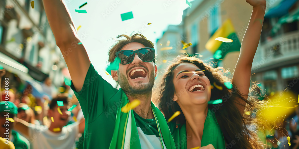 Excited sports fans wearing green and white clothes celebrating the ...