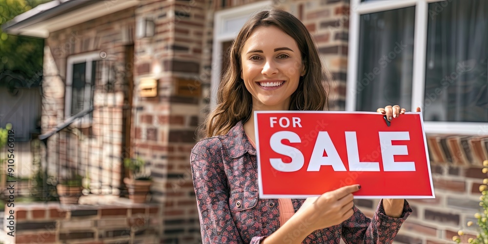 friendly real estate agent holding a sold sign in front of a house ...