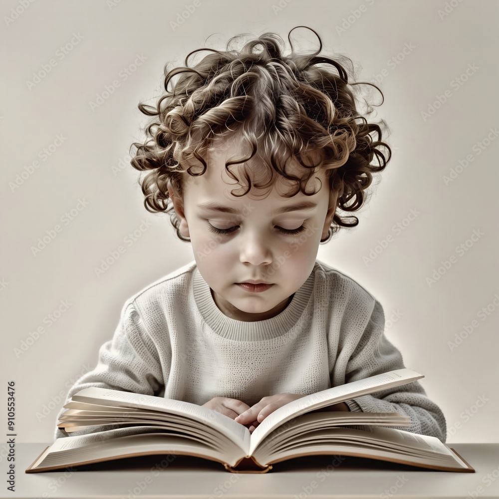 Niño con un libro en las manos, evoca la imaginación y el arte por la ...