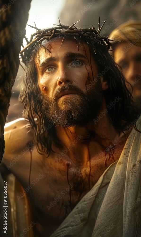 Sorrowful journey: Jesus Christ walking to Golgotha, bearing a heavy ...