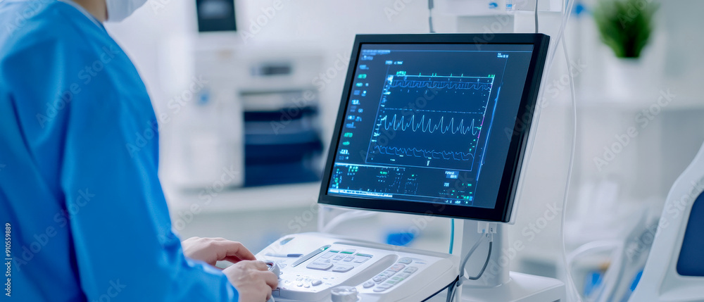 A medical professional monitoring vital signs on a touchscreen monitor ...