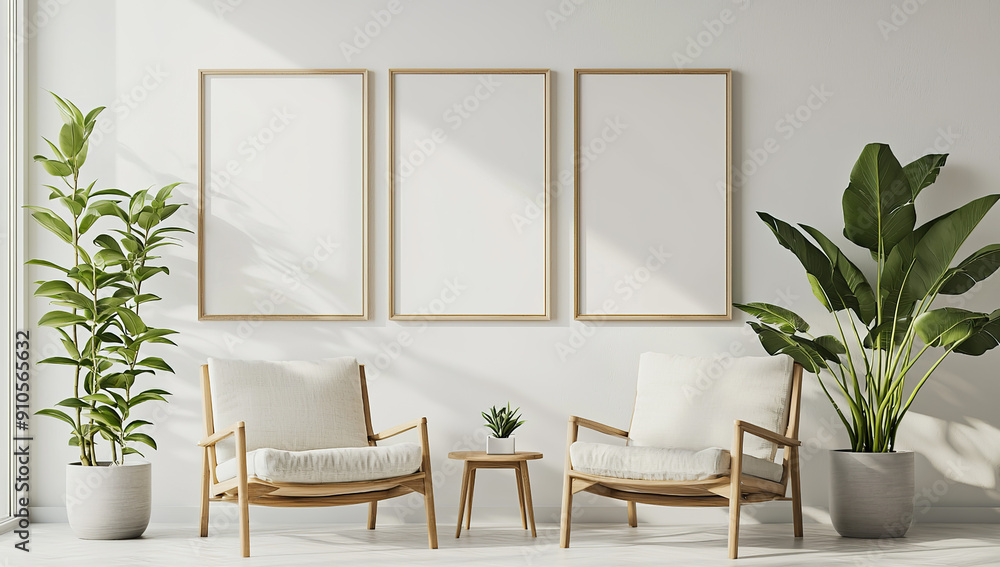 vertical frame mockups on the wall, three frames side by side in an ...