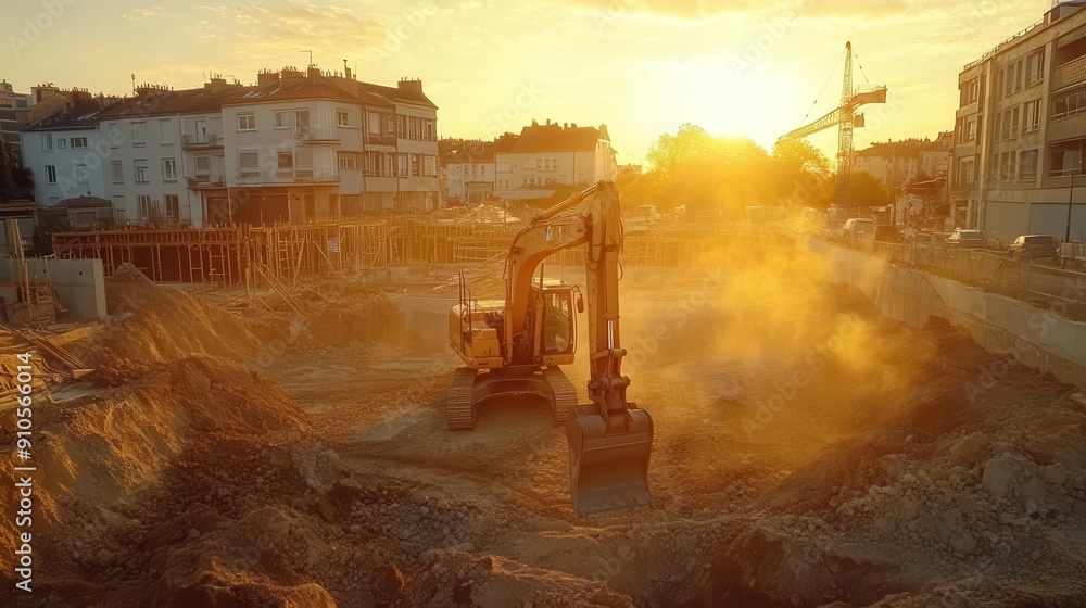 construction site with backhoes excavating earth skeletal foundation ...
