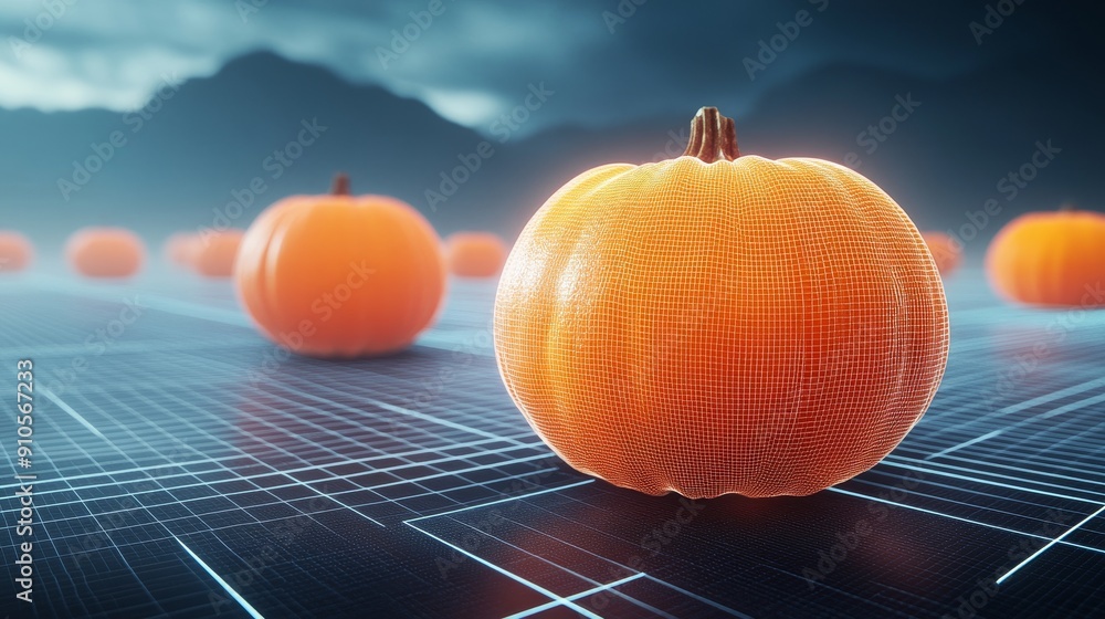 Digital pumpkin growing simulator, augmented reality interface, neon ...