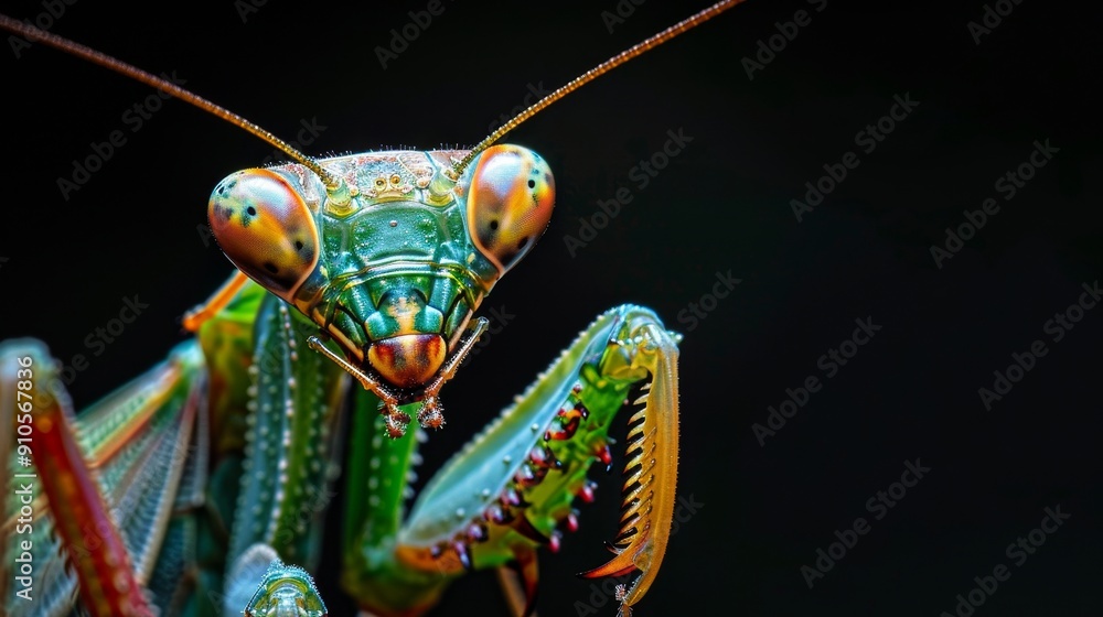 Close-up of a mantis with its legs folded, highlighting its detailed ...