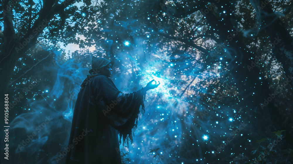 Cloaked figure of a black woman conjuring magical blue light in misty ...
