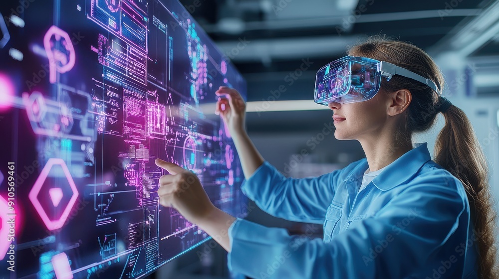 Software developers working on holographic UI design, in a high-tech ...