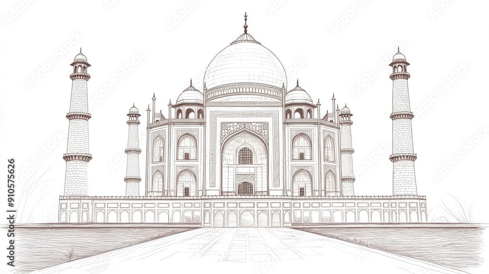 Line art of the Taj Mahal in India, featuring intricate sketch details ...