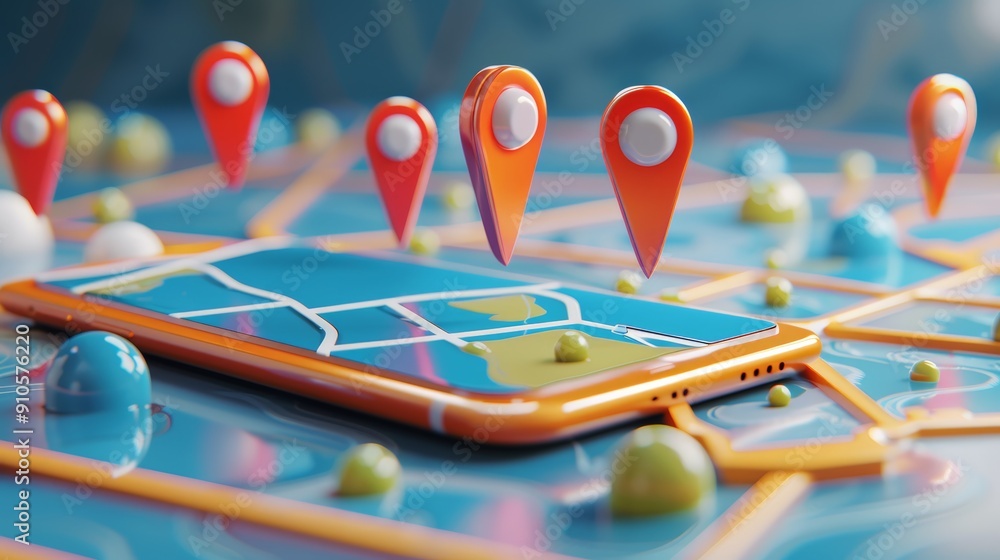 Smartphone with map, 3D Map pins, GPS, navigator pin checking points ...