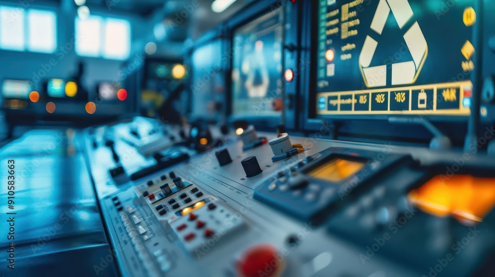 Industrial warning icon in a nuclear control room, side view ...