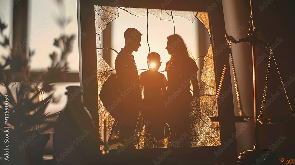 Shattered photo frame with the silhouette of the scales of justice ...