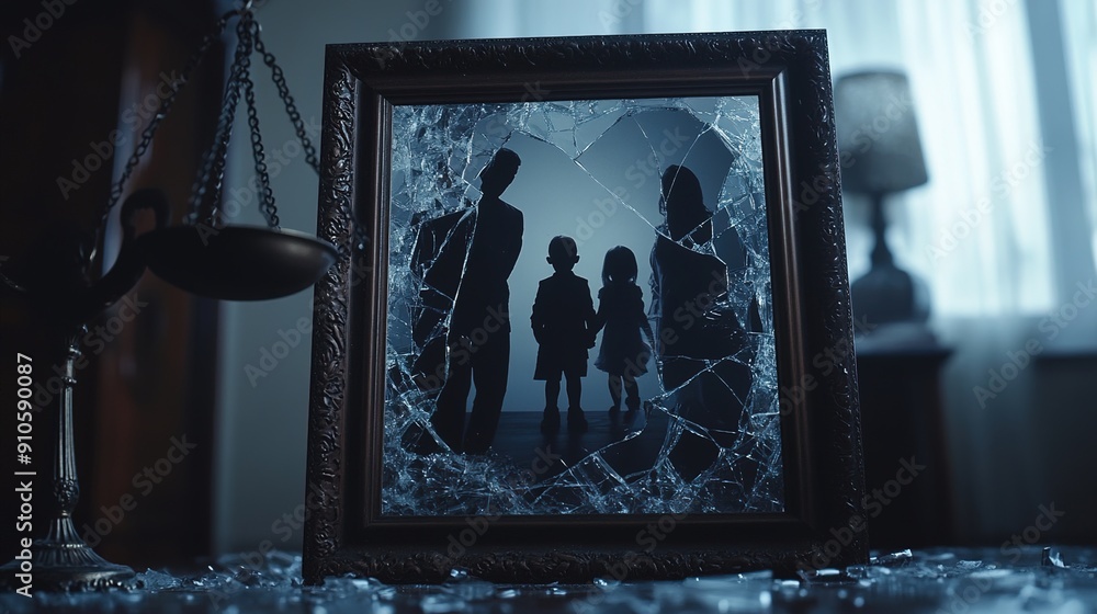 Shattered photo frame with the silhouette of the scales of justice ...