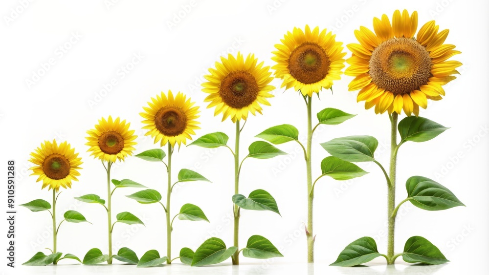 Vibrant sunflower plant growth stages showcased on a stark white ...