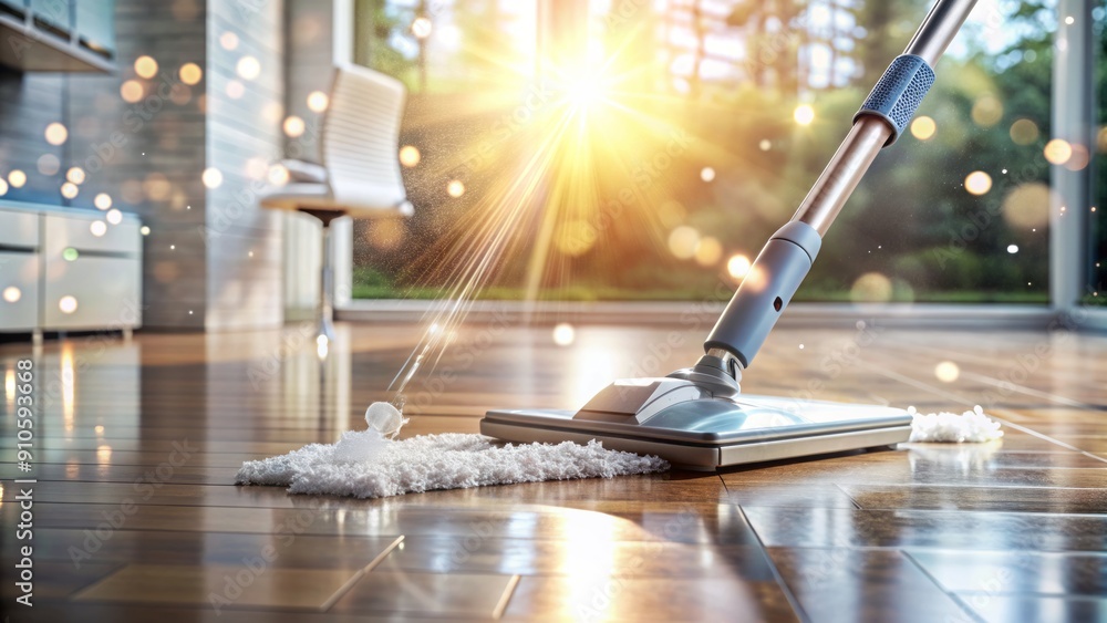 Sparkling clean floor reflected in shiny surface, steam mop's gentle ...
