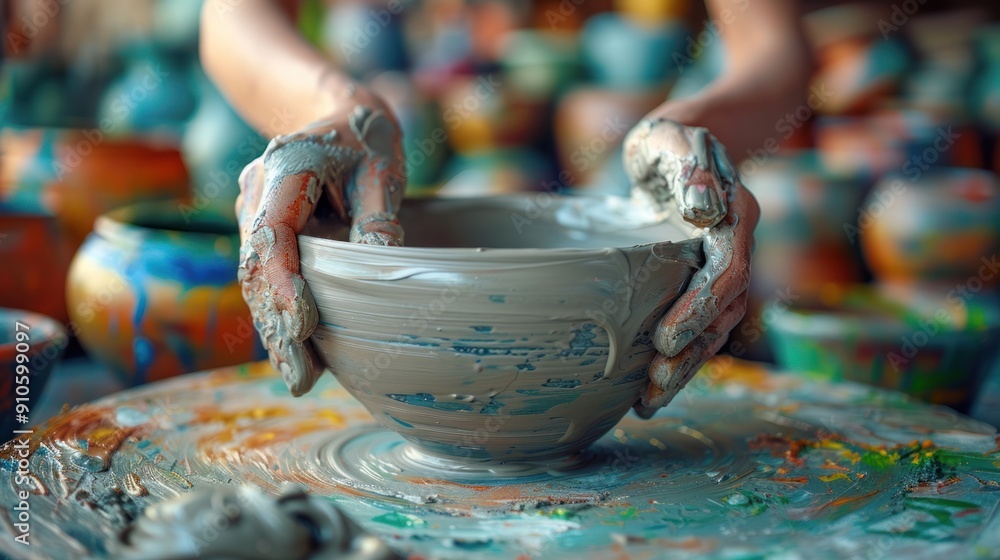 Intimate craft of potter hands molding clay, tactile process of shaping ...