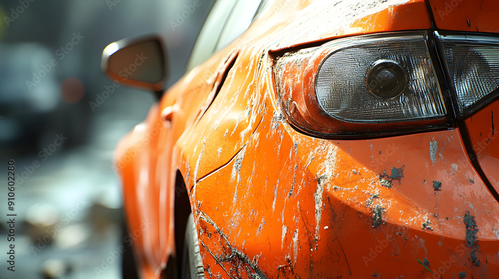 Tragic orange car collision photograph twisted metal shattered glass ...