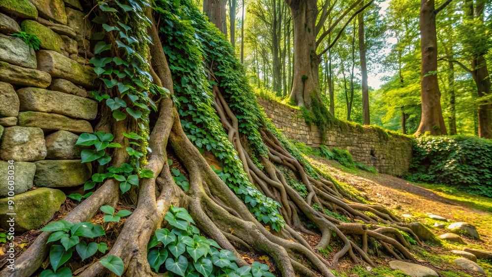 Delicate evergreen Hedera climber with tiny stem roots wrapping around ...