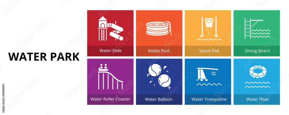 Water Park Glyph Solid Banner Web Icon Set Vector Illustration, Water ...