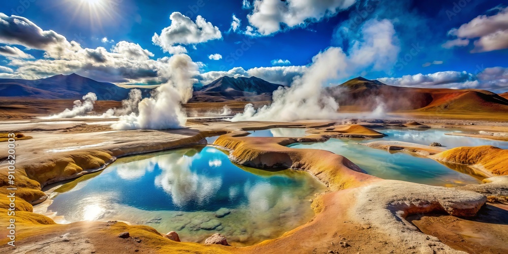 Vibrant geothermal landscape of Sol de Mañana, Bolivia, featuring steam ...