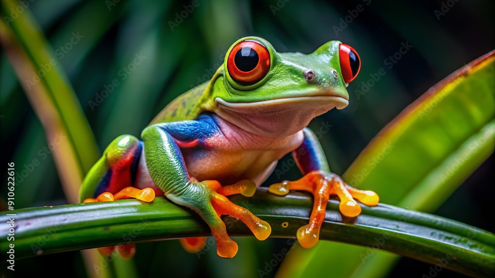 Vibrant tree frog perches on a thin tropical tree branch, showcasing ...