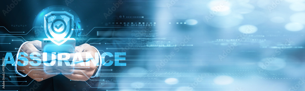 Businessman using mobile smartphone and assurance icon network ...