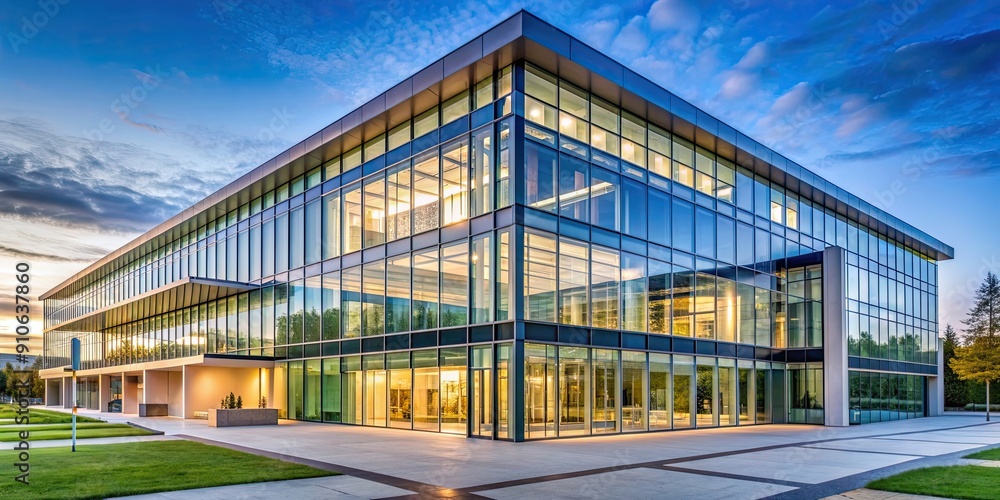 Modern university building with sleek glass walls, campus, education ...